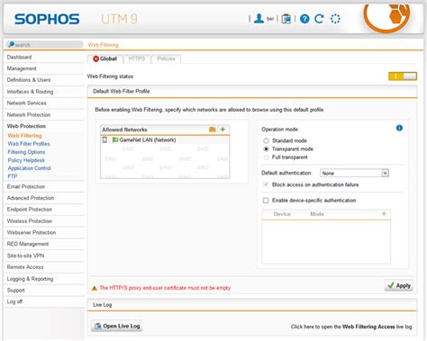 Error When Enabling Web Filtering Web Protection Web Filtering And Application Visibility