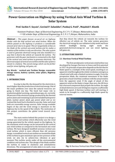 Irjet Power Generation On Highway By Using Vertical Axis Wind Turbine And Solar System Pdf