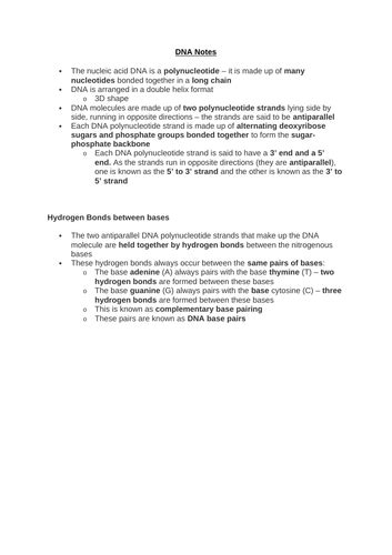 Dna Revision Notes Teaching Resources