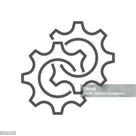 흰색 배경에 두 개의 톱니바퀴가 있는 검은색 격리된 윤곽선 아이콘입니다 기어 휠의 라인 아이콘입니다 편집 가능한 획 주당순이익 10 개념에 대한 스톡 벡터 아트 및 기타