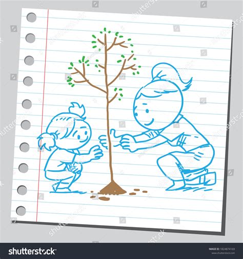 Mother Babe Planting Tree Sketch Style Stock Vector Royalty Free 1824874169 Shutterstock