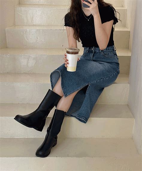 영상 플러스사이즈~xl 지금입어 스판 H라인 옆트임 데님 롱 스커트