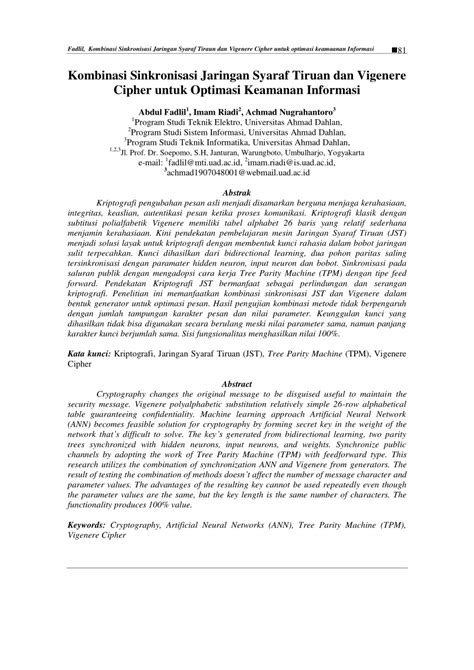 Pdf Kombinasi Sinkronisasi Jaringan Syaraf Tiruan Dan Vigenere Cipher Untuk Optimasi Keamanan