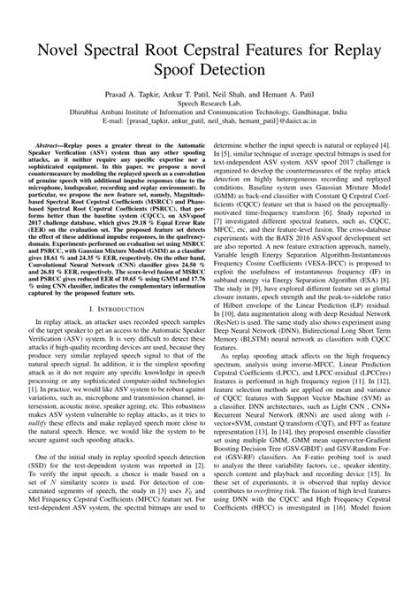 Pdf Novel Spectral Root Cepstral Features For Replay Spoof Detection