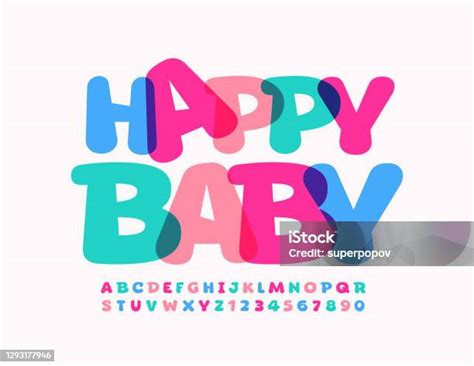 벡터 귀여운 엠블럼 해피 베이비 다채로운 창조적 인 알파벳 문자 및 숫자 세트 0명에 대한 스톡 벡터 아트 및 기타 이미지