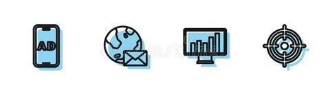 Set Line Monitor With Graph Chart Advertising Earth Globe Mail And