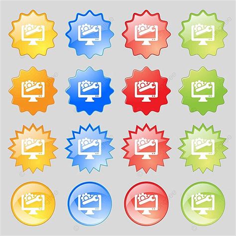 A Set Of 16 Colorful Modern Buttons For Your Design Featuring A Computer Repair Icon Signvector