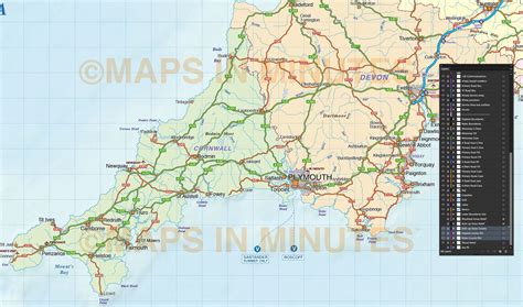 South West England County Road And Rail Map With Regular Relief 1m Scale