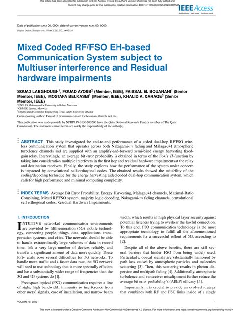 Pdf Mixed Coded Rffso Eh Based Communication System Subject To Multiuser Interference And