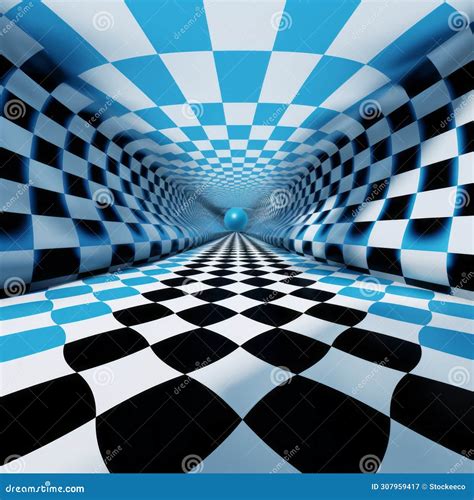 Surreal Checkered Tunnel Blue And White Illusion In Flattened