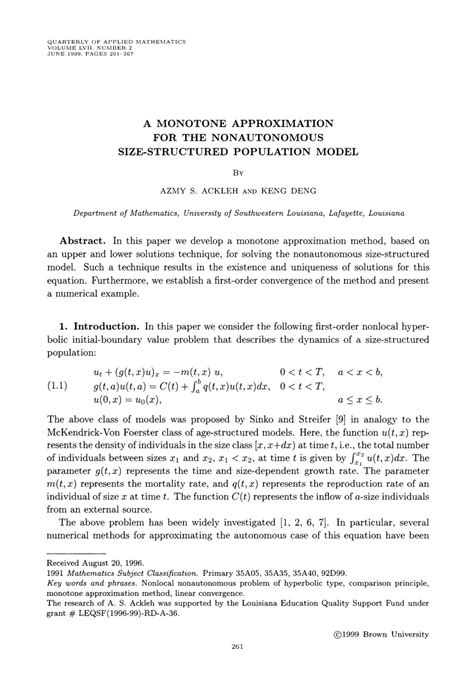 Pdf A Monotone Approximation For The Nonautonomous Size Structured Population Model