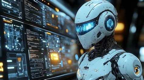 futuristic robot analyzing data on digital screens generative ai stock