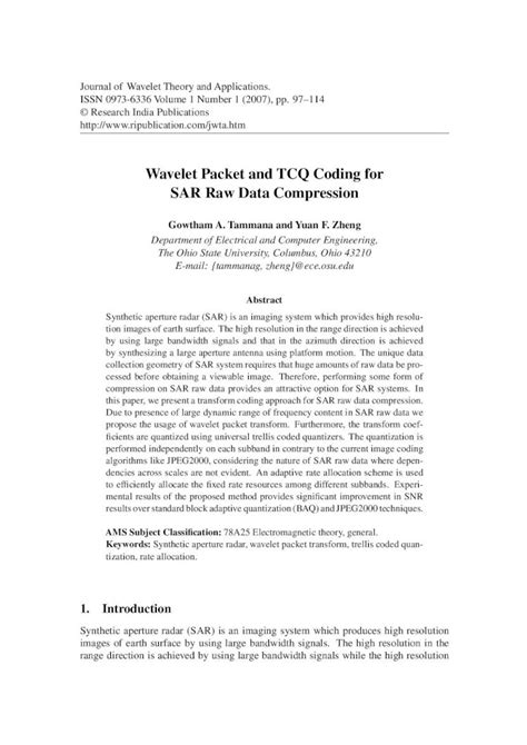 Pdf Wavelet Packet Andtcq Coding For Sar Raw Data Compression · Data