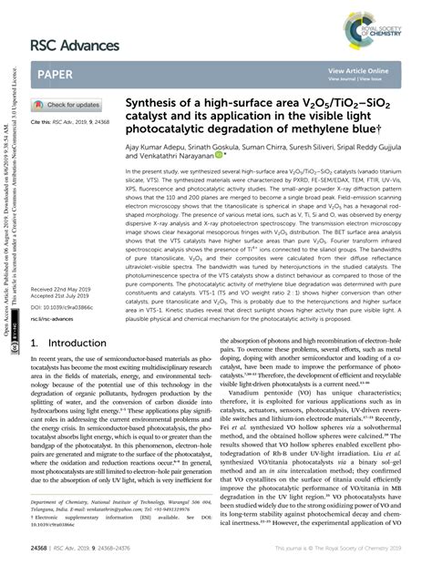 pdf synthesis of a high surface area v2o5 tio2 sio2 catalyst and its