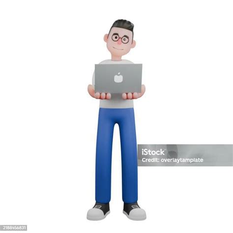 비디오 편집기 캐릭터의 3d 만화 디자인 남성 영상 편집자가 양손으로 노트북을 들고 서 있다 일러스트레이션 디자인 3차원 형태에 대한 스톡 사진 및 기타 이미지 Istock