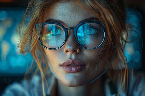 A Woman Wearing Glasses With A Reflection Of A Woman Wearing Glasses