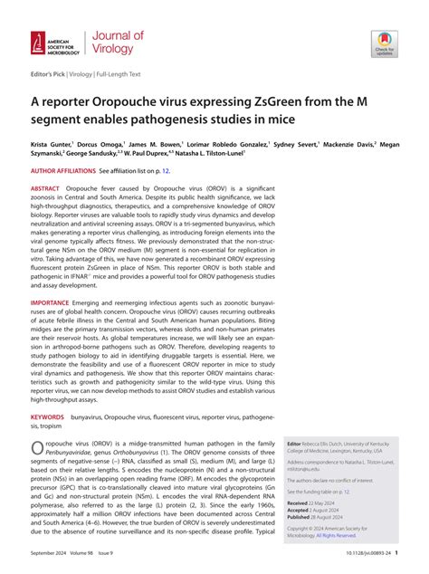 Pdf A Reporter Oropouche Virus Expressing Zsgreen From The M Segment Enables Pathogenesis