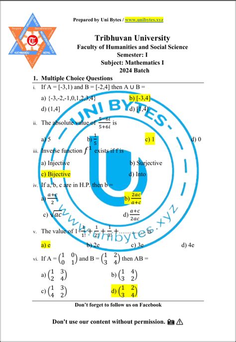 Bca First Semester Mathematics I Mcqs Of 2024 Batch Uni Bytes