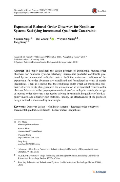 Pdf Exponential Reduced Order Observers For Nonlinear Systems