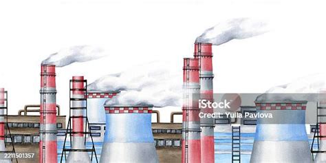 연기 스택 스팀 산업 도시 공장 수채화 흰색에 고립 된 완벽한 테두리 환경 오염 개념 식물 파이프 기후 변화 디자인 지구 온난화 중공업 0명에 대한 스톡 벡터 아트 및 기타