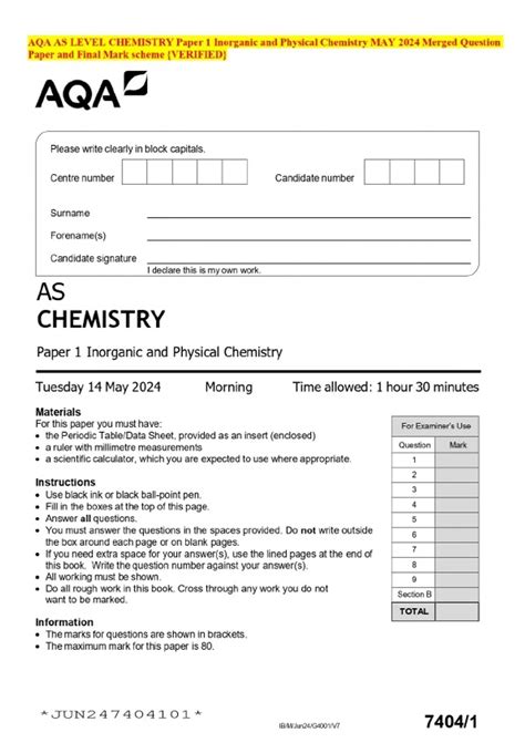 AQA AS LEVEL CHEMISTRY Paper Inorganic And Physical Chemistry MAY Merged Question Paper
