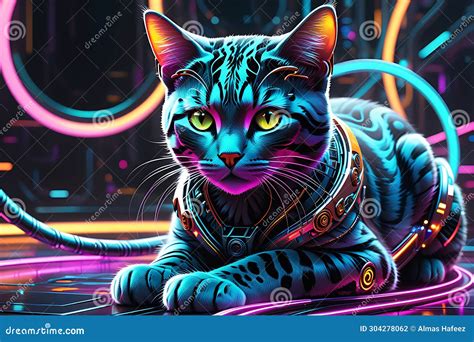 Futuristic Robot Cat Abstract Cyberpunk Elements Swirling Neon Hues Framing Metallic Feline