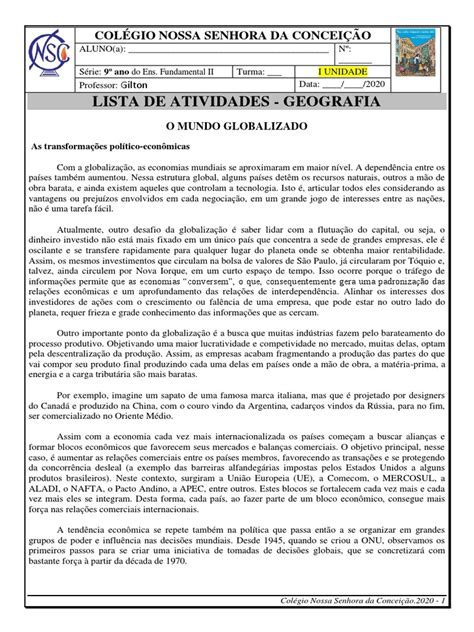 Atividade De Geografia 9º Ano Globalizacao Modelo Editavel 57 Off