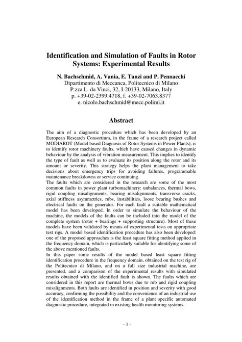 pdf identification and simulation of faults in rotor systems