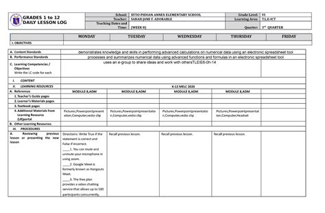Dll Tle Ict 6 Q3 W8 Jjj Grades 1 To 12 Daily Lesson Log School Sitio Piduan Annex