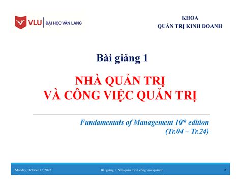 Chương Quản Trị Học Bài giảng KHOA QUẢN TRỊ KINH DOANH Fundamentals of Management th