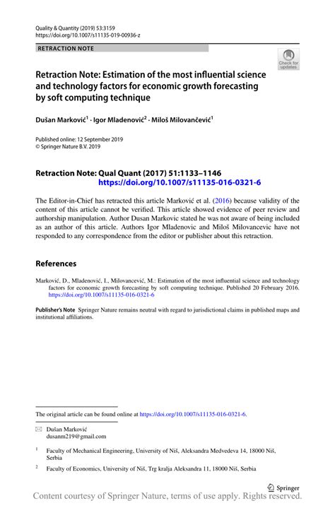 Retraction Note Estimation Of The Most Influential Science And Technology Factors For Economic