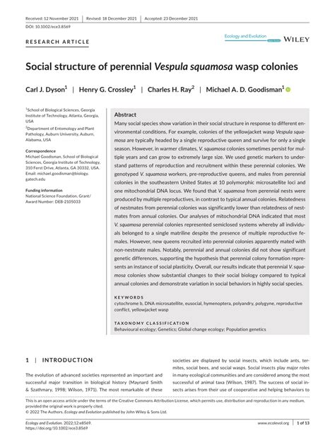 Pdf Social Structure Of Perennial Vespula Squamosa Wasp Colonies