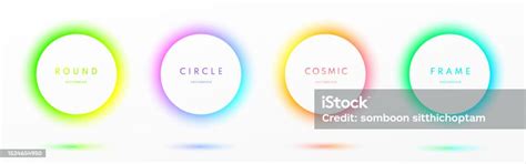 추상적인 3d 빛나는 네온 조명 원의 집합은 흰색 배경에 격리된 테두리를 가지고 있다 파란색 빨강 보라색 녹색은 밝은 둥근 프레임 컬렉션을 조명합니다 탑 뷰 기술 미래