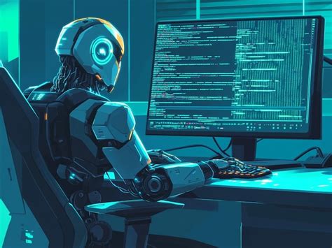 An Illustration Of A Humanoid Robot Sitting At A Desk Coding On A Computer Premium Ai