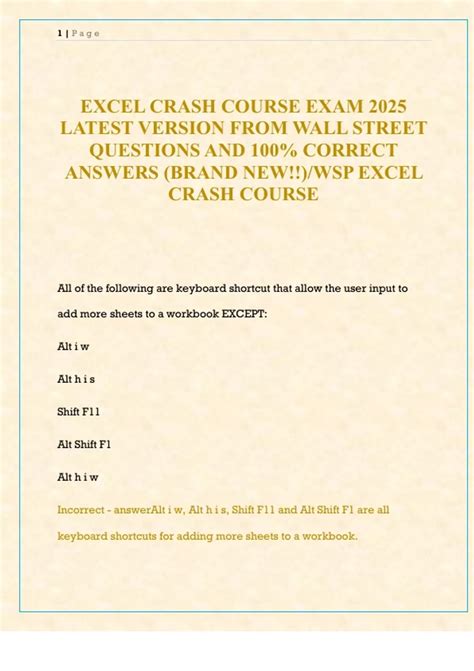 excel crash course exam 2025 latest version from wall street questions
