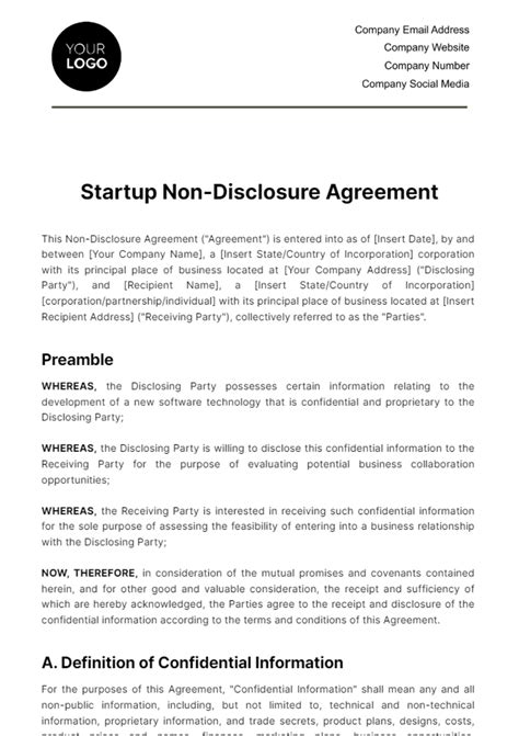 Free Startup Non Disclosure Agreement Nda Template To Edit Online