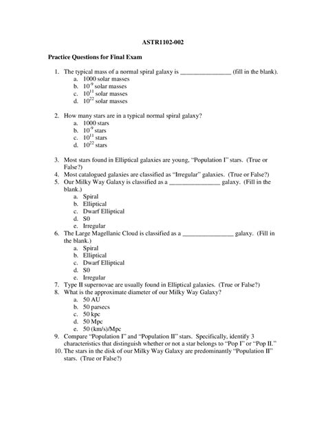 Final Exam Practice Questions Stellar Astronomy Astr 1102 Exams Astronomy Docsity