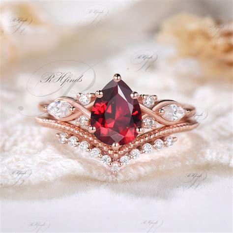 Unique Teardrop Ruby Engagement Ring Set Rose Gold Seven Stone Etsy