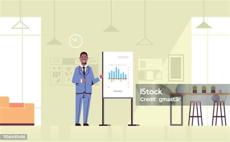사업가 플립 차트 아프리카 계 미국인 사업가 에 금융 그래프를 제시 프리젠 테이션 개념 현대 공동 작업 센터 사무실 인테리어