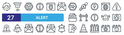 클라우드 스토리지 연기 감지기 오류 스마트워치 배리어 알림 채팅 웹 디자인용 마감 벡터 얇은 선 아이콘 모바일 앱과 같은 27개의 개요 웹 경고 아이콘 세트 0명에 대한