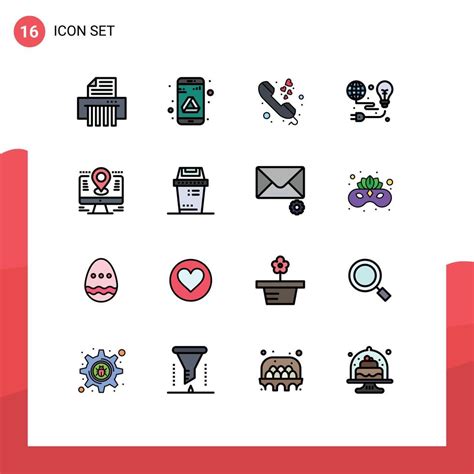 Set Of 16 Vector Flat Color Filled Lines On Grid For Computer Bulb Communication Earth Green