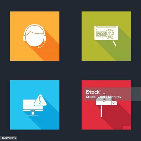 Set Man With A Headset System Bug Concept Monitor Exclamation Mark And Open Mail Box Icon Vector
