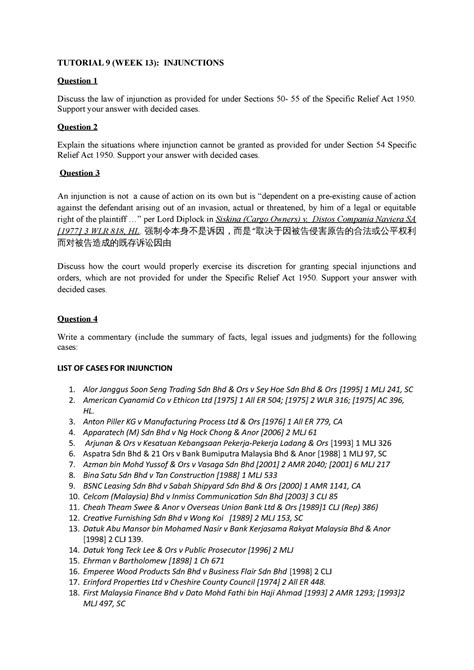 Tutorial Week Injunction TUTORIAL WEEK INJUNCTIONS Question Discuss The Law