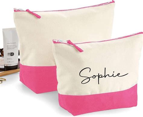 Toilettas Met Naam Canvas Naturel Roze M Bol