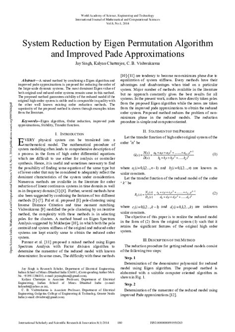 Pdf System Reduction By Eigen Permutation Algorithm And Improved Pade Approximations