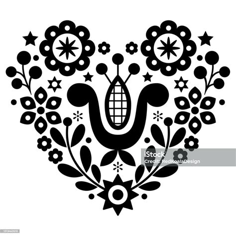 발렌타인 데이 민속 예술 벡터 복고풍 꽃 하트 인사말 카드 디자인 전통적인 폴란드자 수자 스타일 라치 사데키 블랙과 화이트 0명에 대한 스톡 벡터 아트 및 기타 이미지