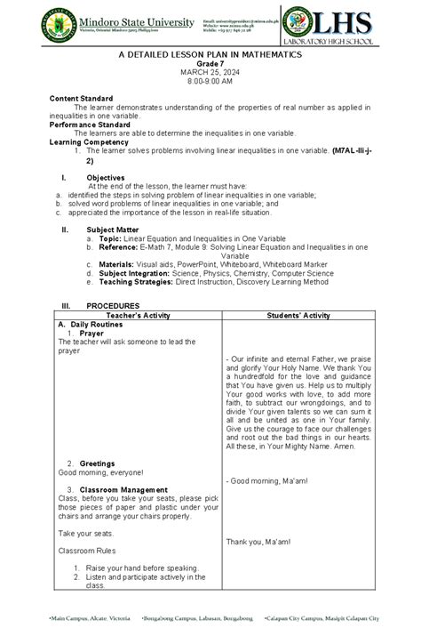 A Detailed Lesson PLAN IN Linear Solving Problem Final A DETAILED LESSON PLAN IN