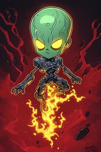 Chibi Alien Robot Emerging From Fire Premium Ai Generated Image