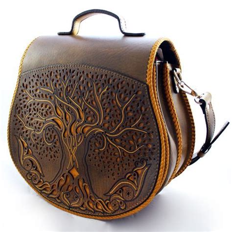 Celtic Tree Of Life Genuine Leather Crossbody Bag Hand Tooled Full