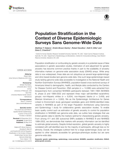Pdf Population Stratification In The Context Of Diverse Epidemiologic Surveys Sans Genome Wide